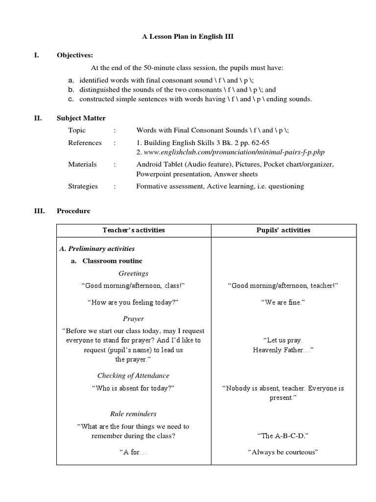 Lesson Plan: Final Consonants F & P | PDF