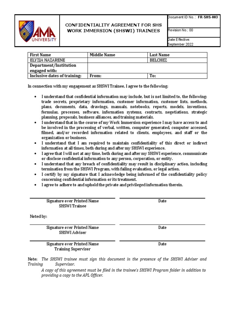 SHSWI Trainee Confidentiality Pact | PDF | Confidentiality | Information