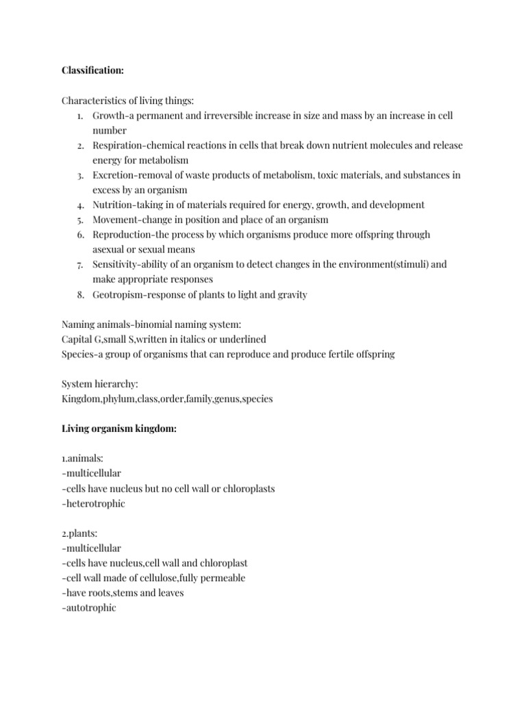 IGCSE Notes Chapter 1-Classification | PDF | Cell (Biology) | Organisms