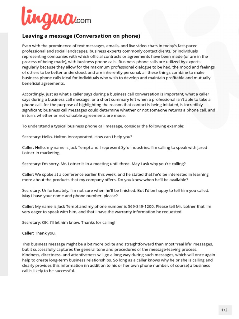 Business English Leaving A Message | PDF | Human Communication ...
