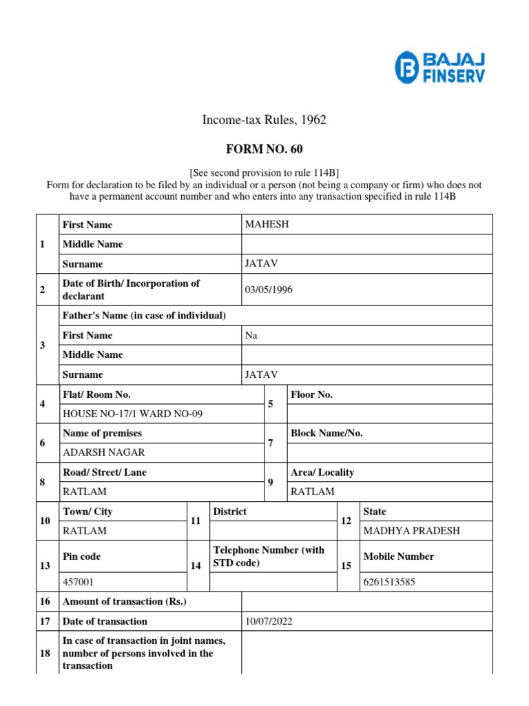 Form 60 | PDF | Income Tax | Government Finances