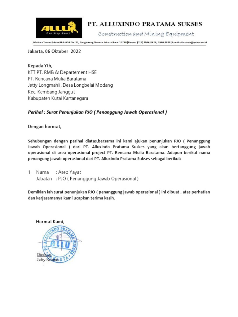Surat Penunjukan PJO PT RMB | PDF Surat Penunjukan PJO PT RMB | PDF