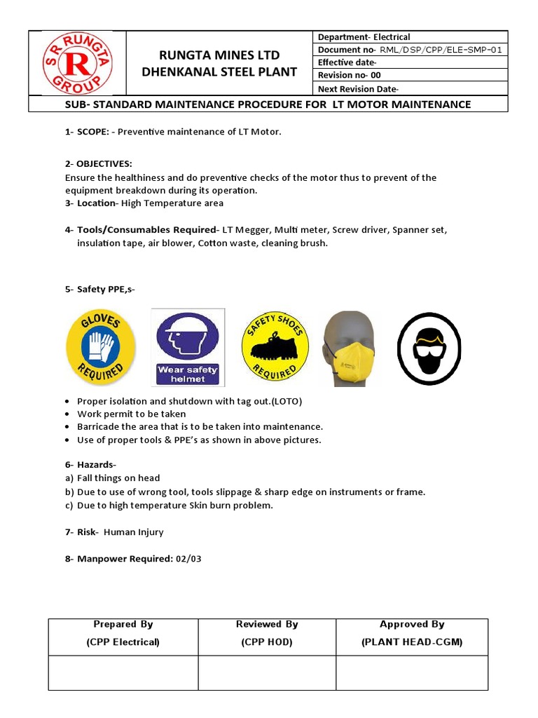 Standard Maintenance Procedure For LT Motor Maintenance | PDF | Personal Protective Equipment ...