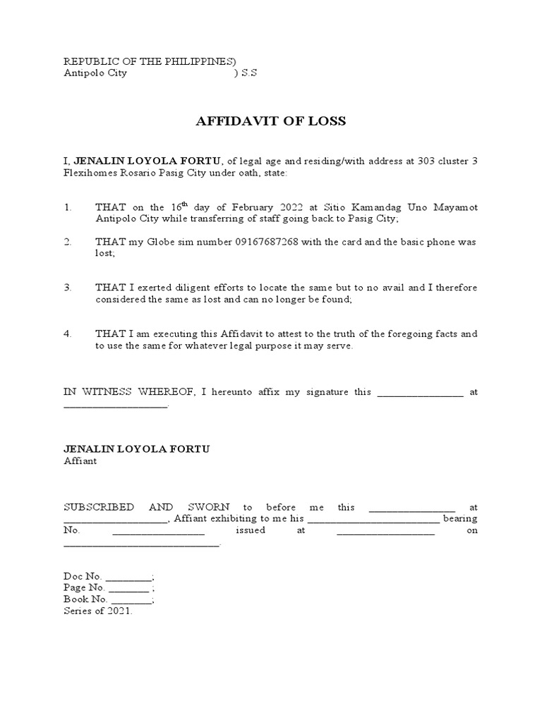 AFFIDAVIT OF LOSS | PDF