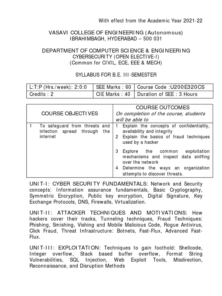 Cybersecurity Syllabus for B.E. III Sem | PDF | Security | Computer ...