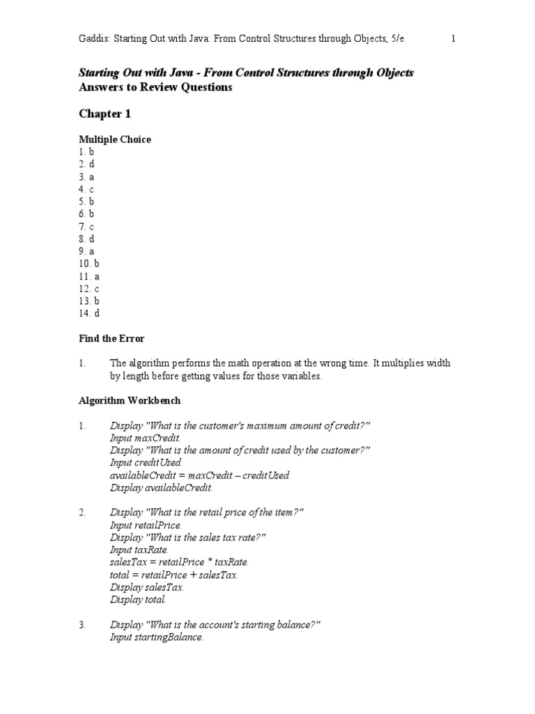 Answers To Review Questions: Starting Out With Java - From Control ...