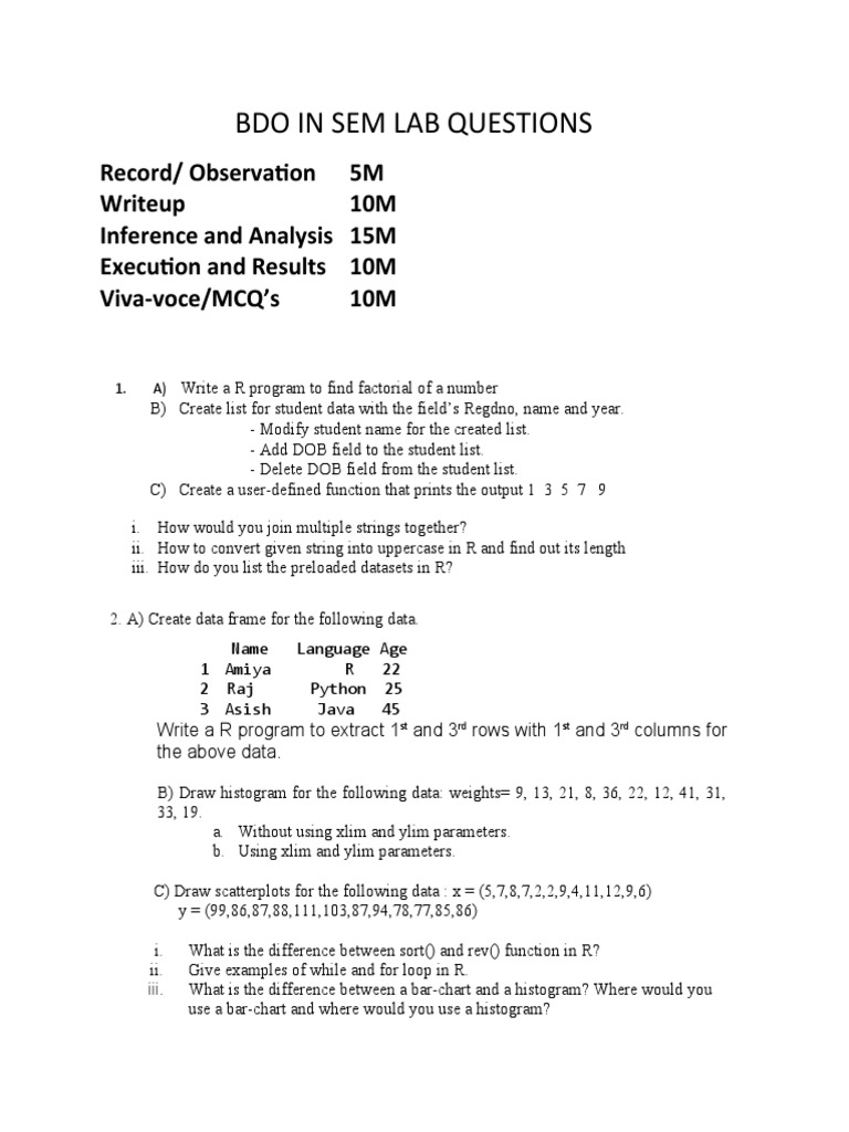 BDO - IN SEM LAB Questions | Download Free PDF | Algorithms ...