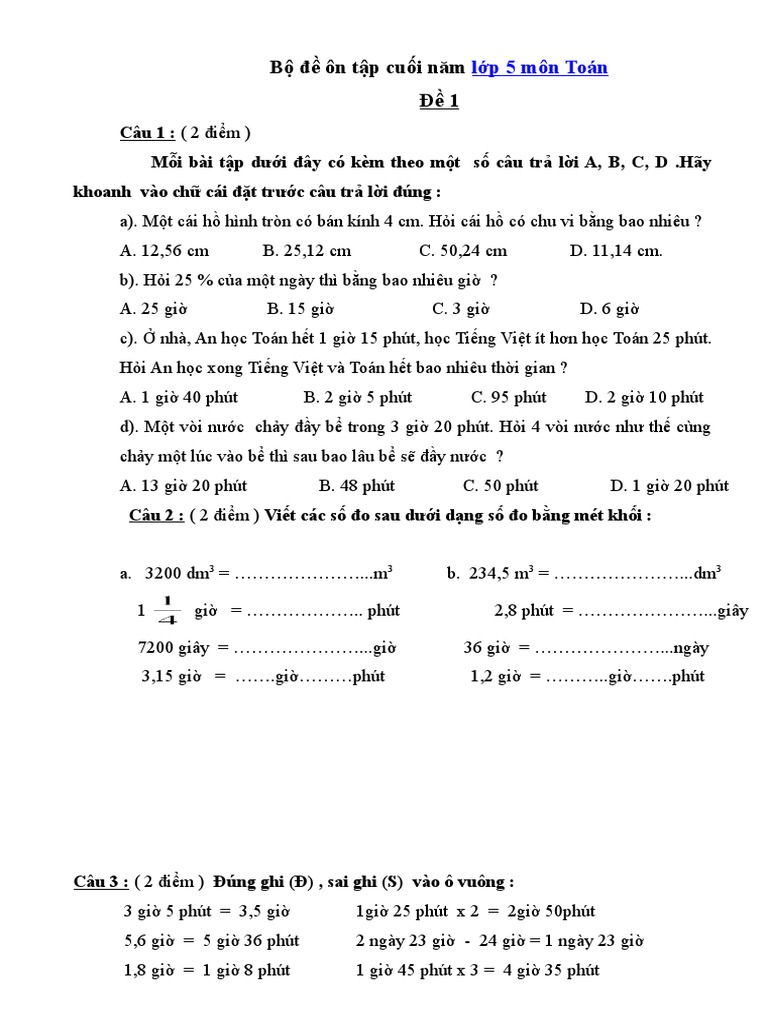 Bo de On Tap Thi Cuoi Hoc Ki 2 Lop 5 Mon Toan | PDF