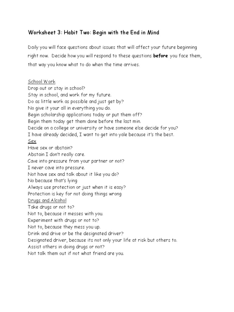 Begin with the End in Mind Worksheet | PDF