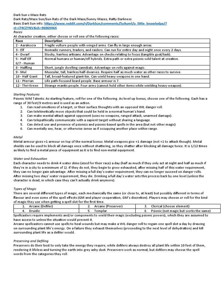 Dark Sun X Maze Rats | PDF | Elf (Dungeons & Dragons) | Dwarf (Dungeons & Dragons)