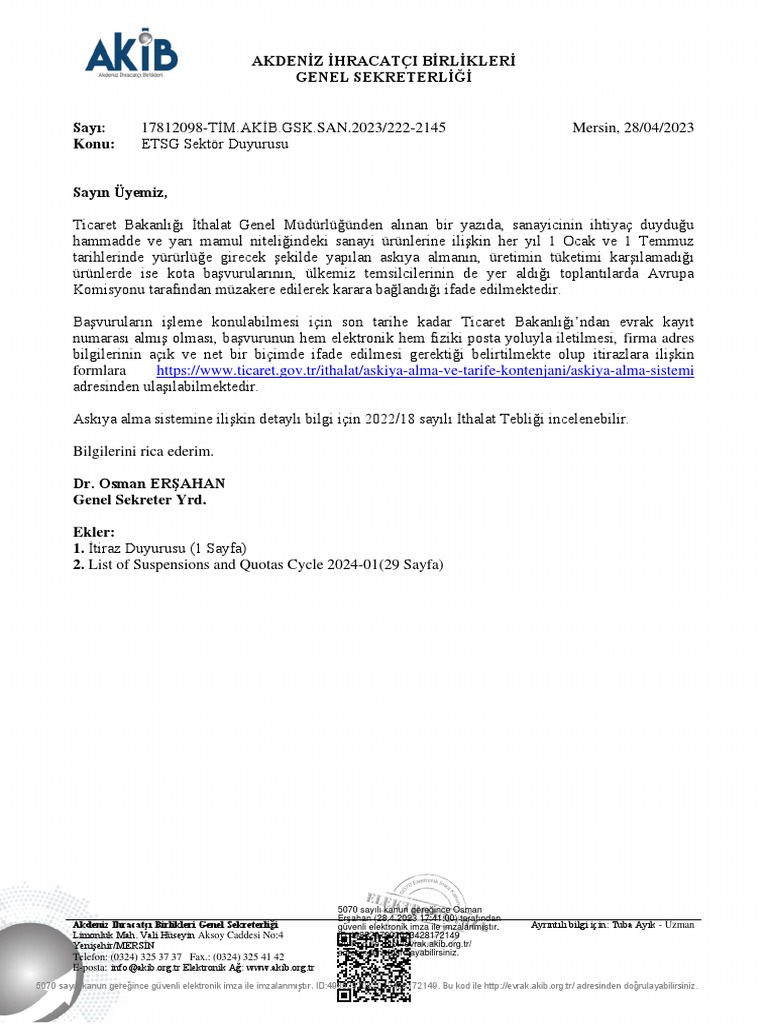 ETSG Sektör Duyurusu - 00014511 | PDF