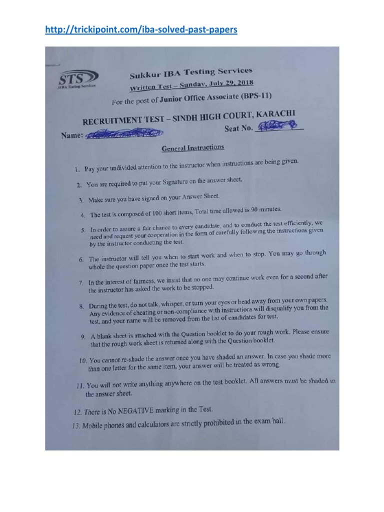 Junior Clerk Orignal Iba Past Paper | PDF