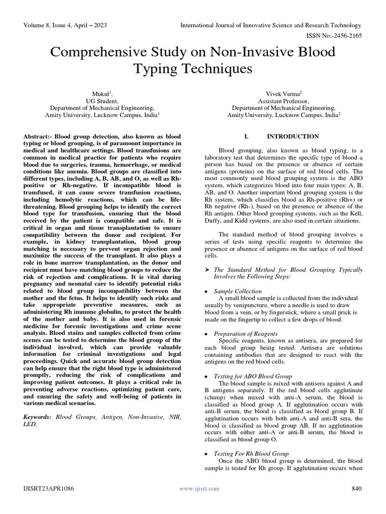 Comprehensive Study On Non-Invasive Blood Typing Techniques | PDF ...