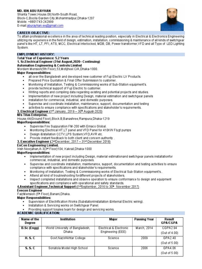 Resume of MD Abu Rayhan - 2021 | PDF | Electrical Substation ...