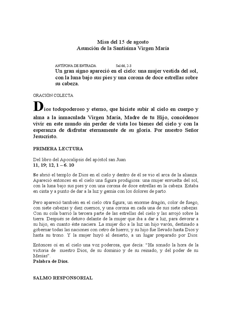 Misa Asuncion de La - Virgen María | PDF | María, madre de Jesús | eucaristía