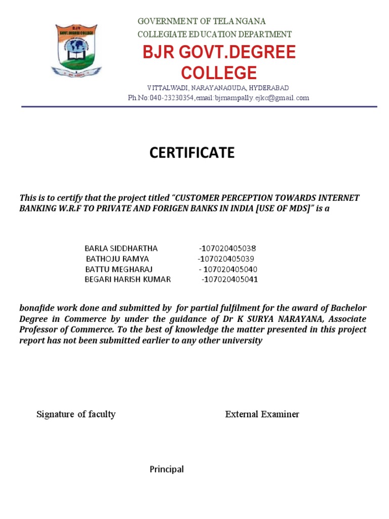 BJR Govt - Degree College: Certificate | PDF