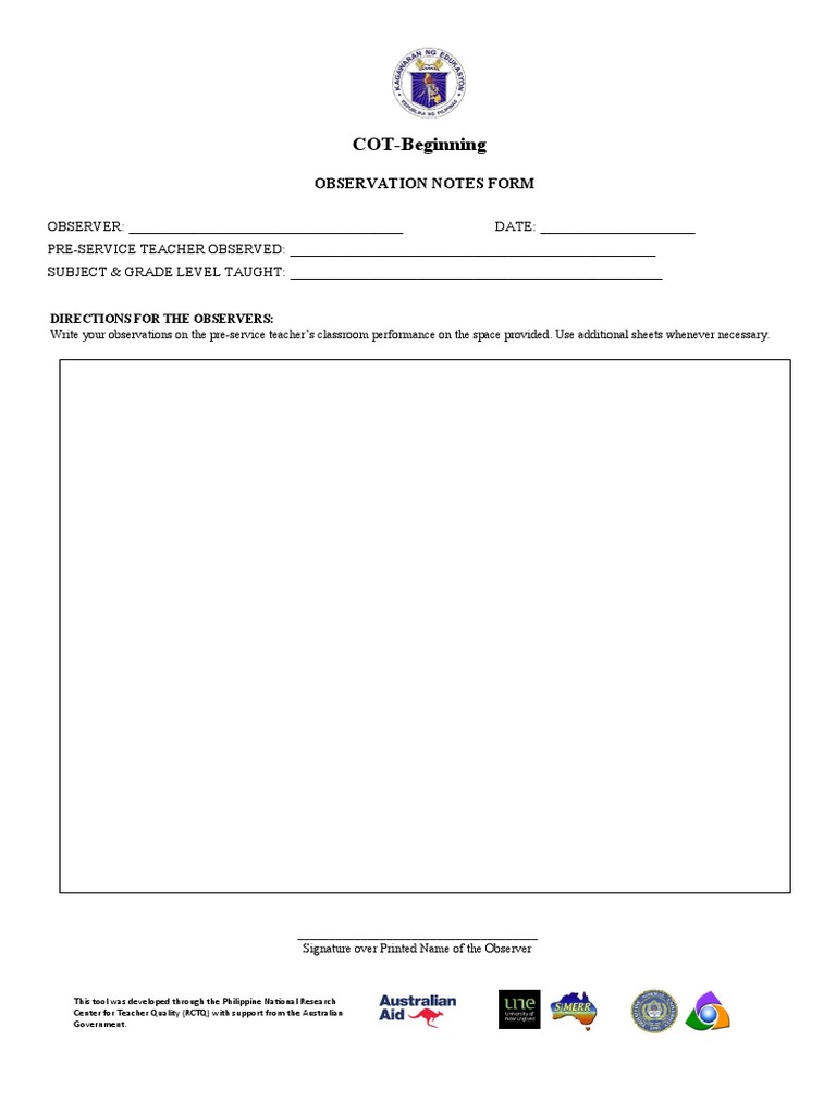 COT Beginning Observation Notes Form | PDF
