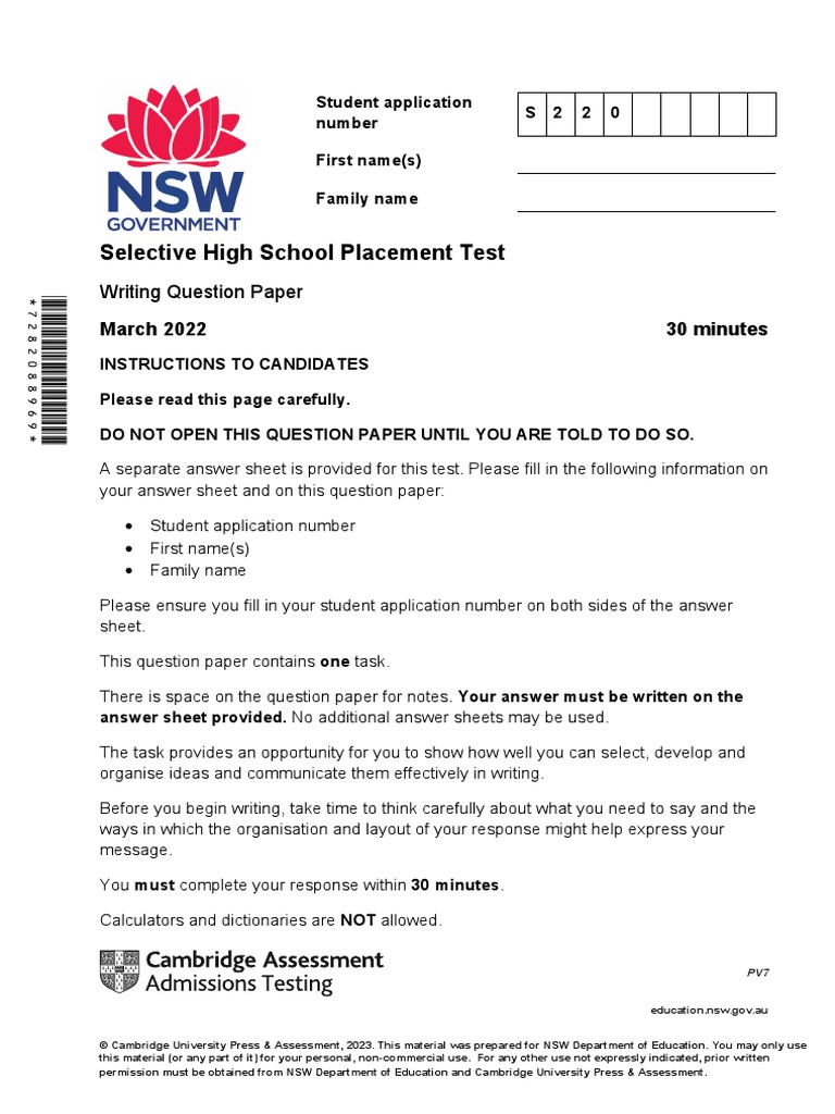 Selective Exam - Writing - 2022 | PDF