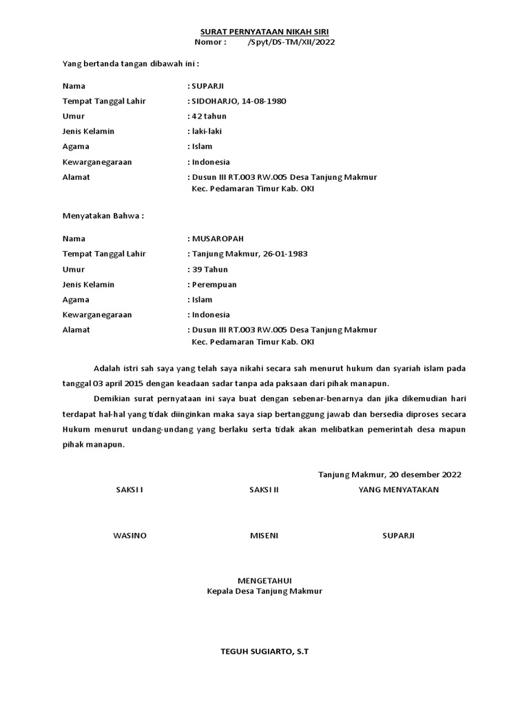 Surat Pernyataan Nikah Siri | PDF Surat Pernyataan Nikah Siri | PDF