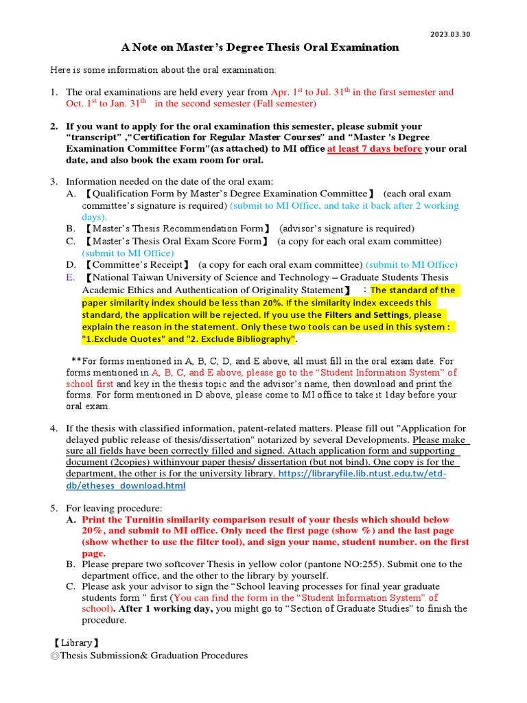 A Note On Master's Degree Thesis Oral Examination: (Submit To MI Office ...