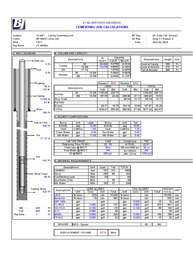 PT BJ SERVICES INDONESIA CEMENTING CALCULATIONS | PDF | Physical Quantities | Quantity
