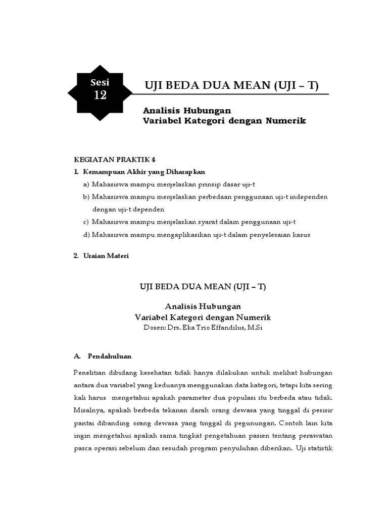 Sesi Ke-12 Uji Beda Dua Mean (Uji-T) OK | PDF