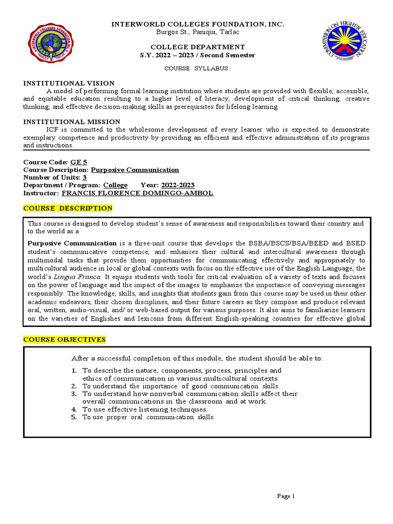 Purposive Communication Course Syllabus | PDF | Communication | Lecture
