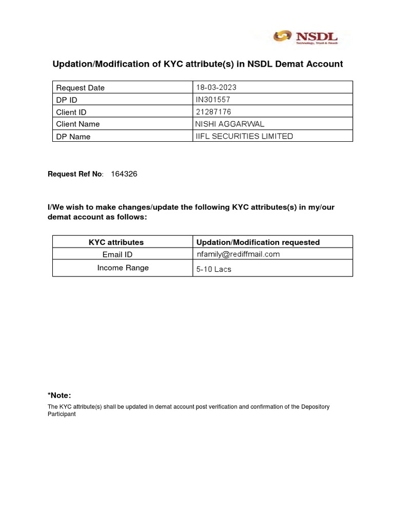 Updation/Modification of KYC Attribute(s) in NSDL Demat Account | PDF