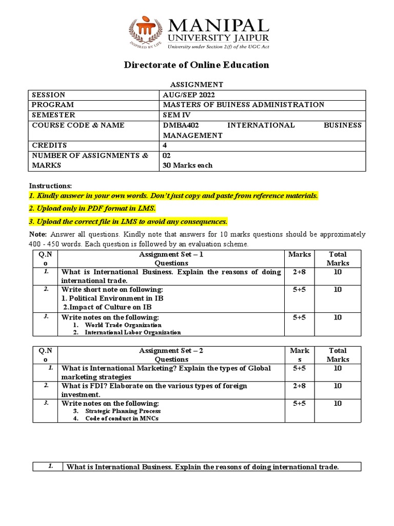 Assignment - DMBA402 - MBA 4 - Set-1 and 2 - Aug-Sep - 2022 | PDF | International Labour ...