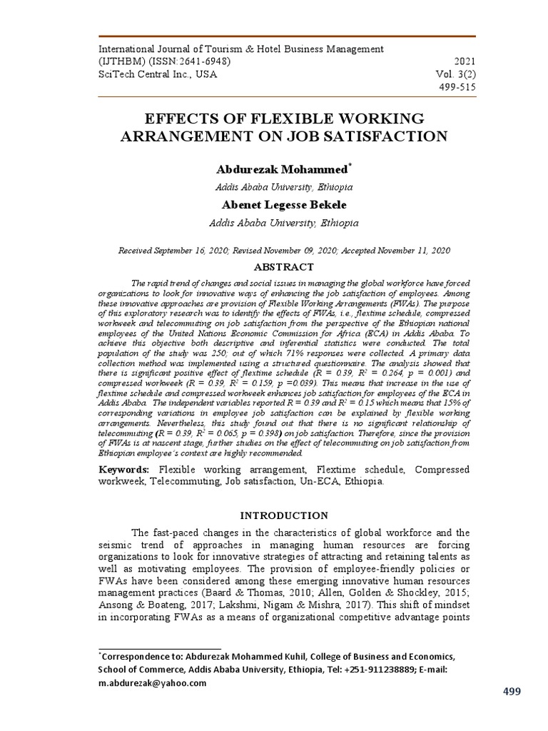 Effects of Flexible Working Arrangement On Job Satisfaction: Abdurezak ...