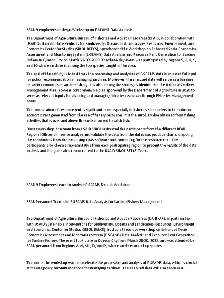 BFAR Workshop on E-SEAMS Data Analysis | PDF | Data | Fisheries Management