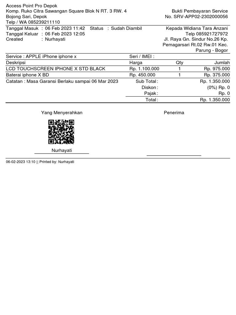 Nota Pembayaran Service Iphone X An. Widiana Tara Anzani | PDF