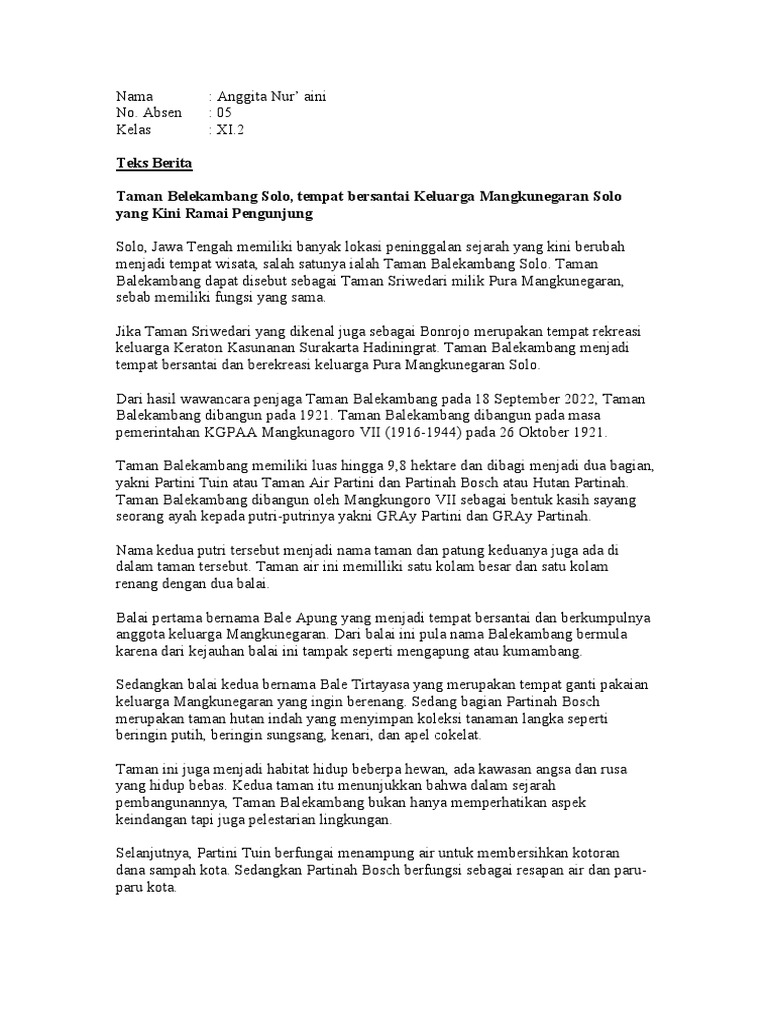 Sejarah dan Info Taman Balekambang Solo | PDF | Ilmu Sosial | Griya & Taman