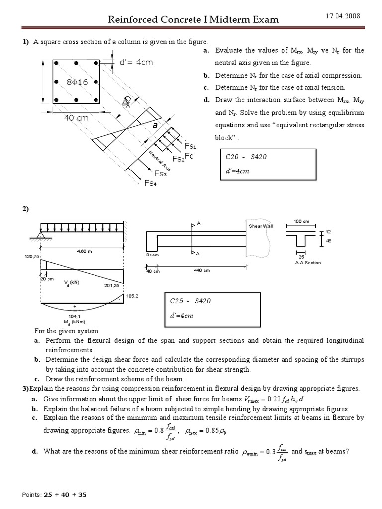 Reinforced Concrete I Midterm Exam: C20 - S420 D 4cm | PDF | Beam (Structure) | Bending