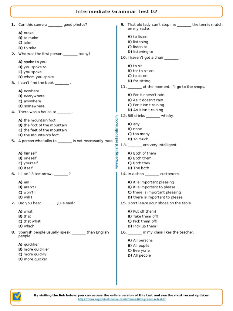 Intermediate Grammar Quiz 02 | PDF