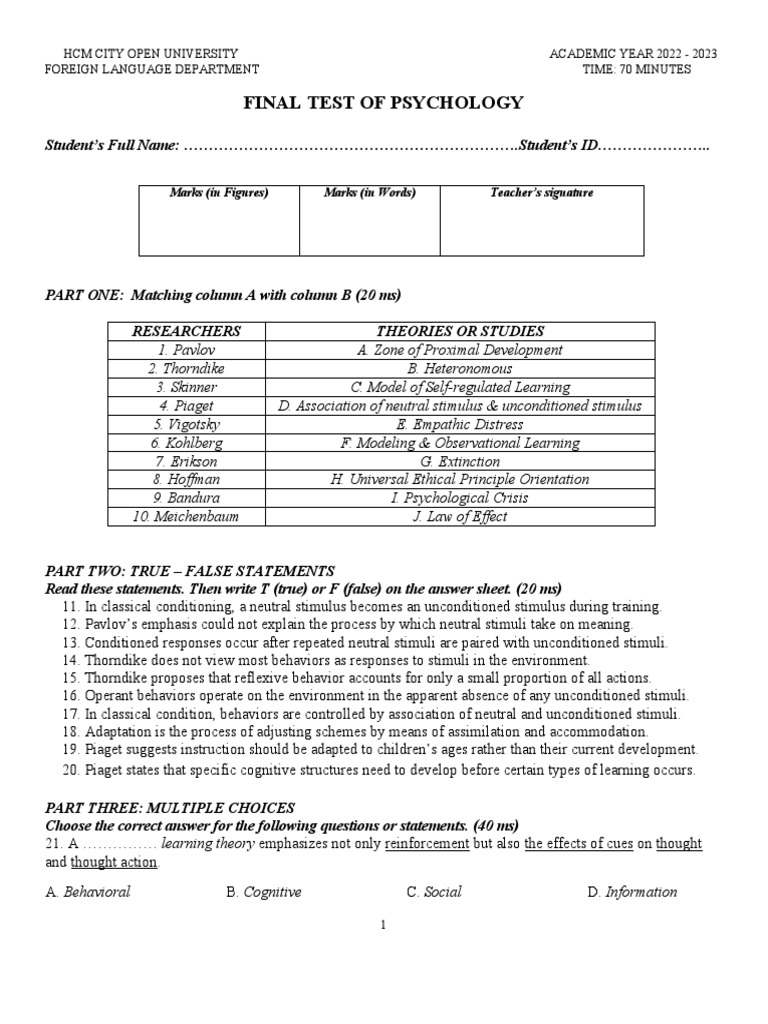 Final Test of Psychology: Marks (In Figures) Marks (In Words) Teacher's ...