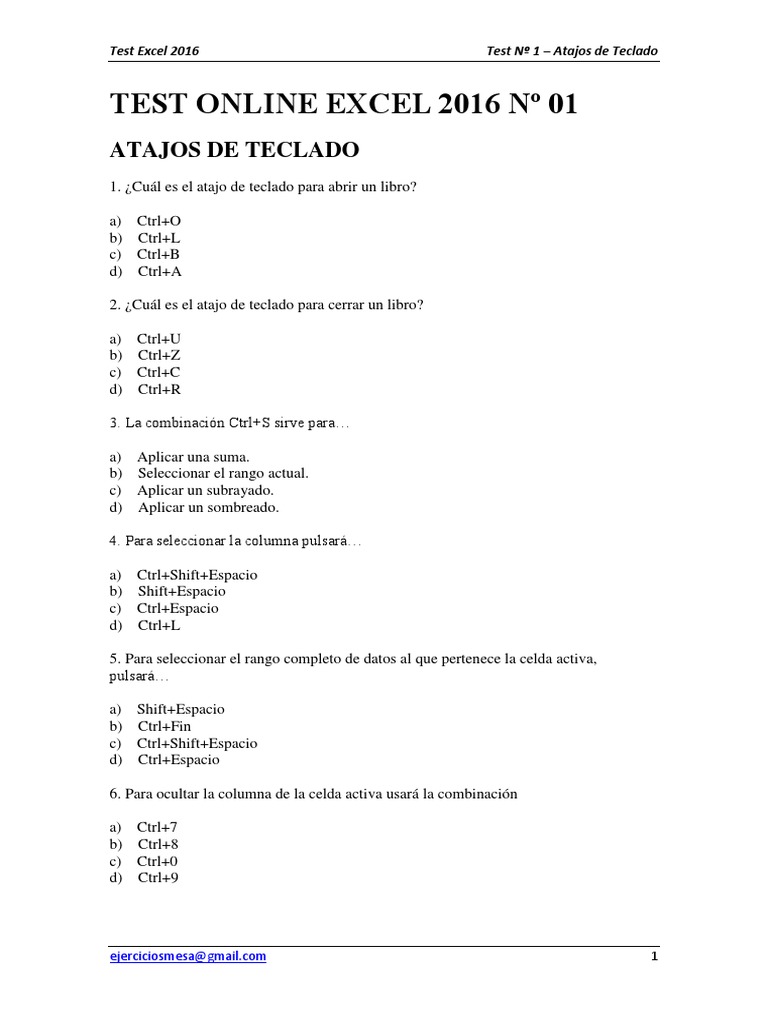 Atajos Teclado Excel 2016 Test | PDF | Hoja de cálculo | Informática