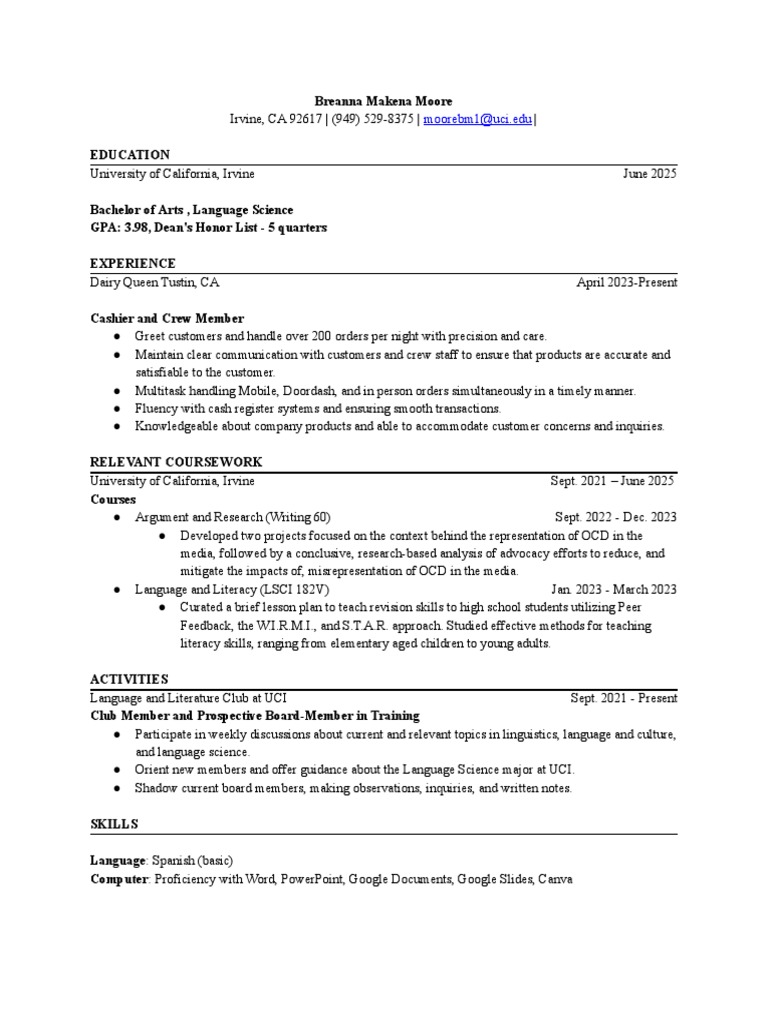 Moore Breanna Resume | Download Free PDF | Literacy | Science