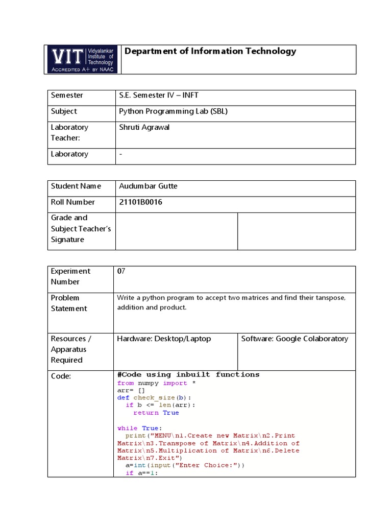 Python Exp 7 | Download Free PDF | Matrix (Mathematics) | Mathematical ...