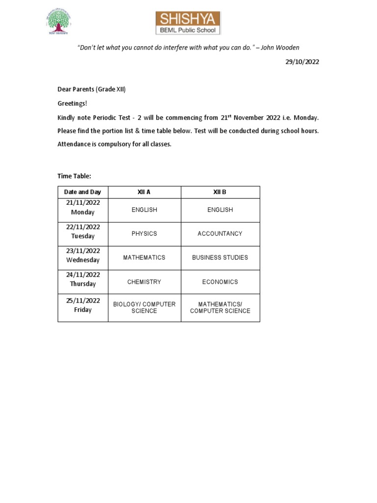 Periodic Test 2 Timetable and Portion Details for Grade XII Students ...