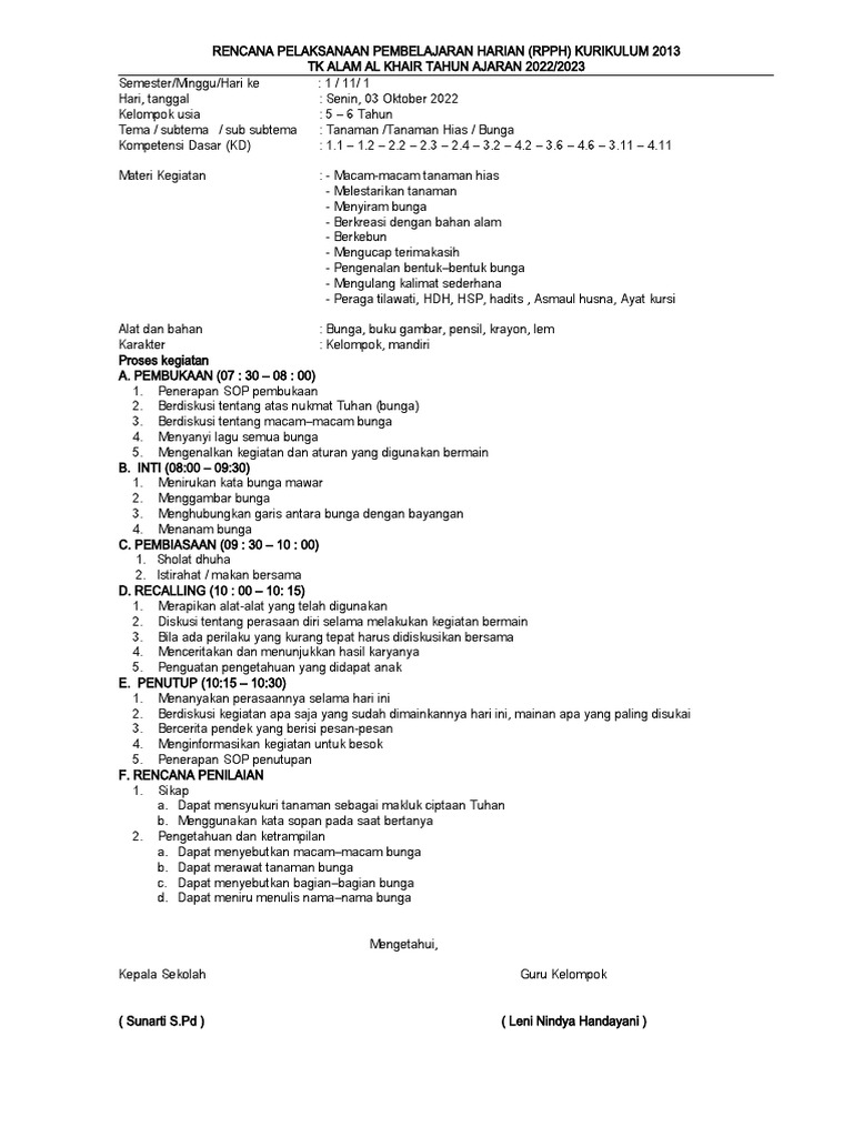 RPPH Tema Tanaman Hias untuk TK | PDF | Seni & Disiplin Bahasa