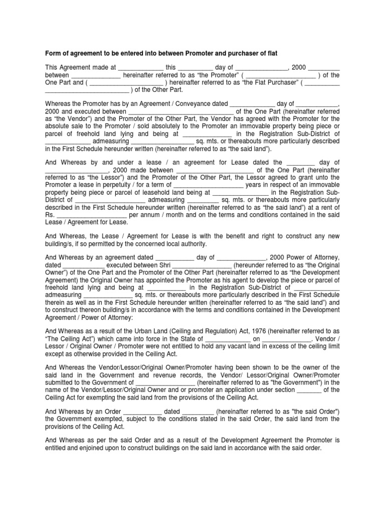 Agreement Between Promoter and Purchaser of Flat | PDF | Lease | Breach ...
