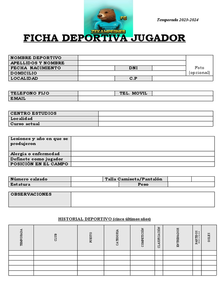 Ficha deportiva jugador Fútbol en Positivo | PDF