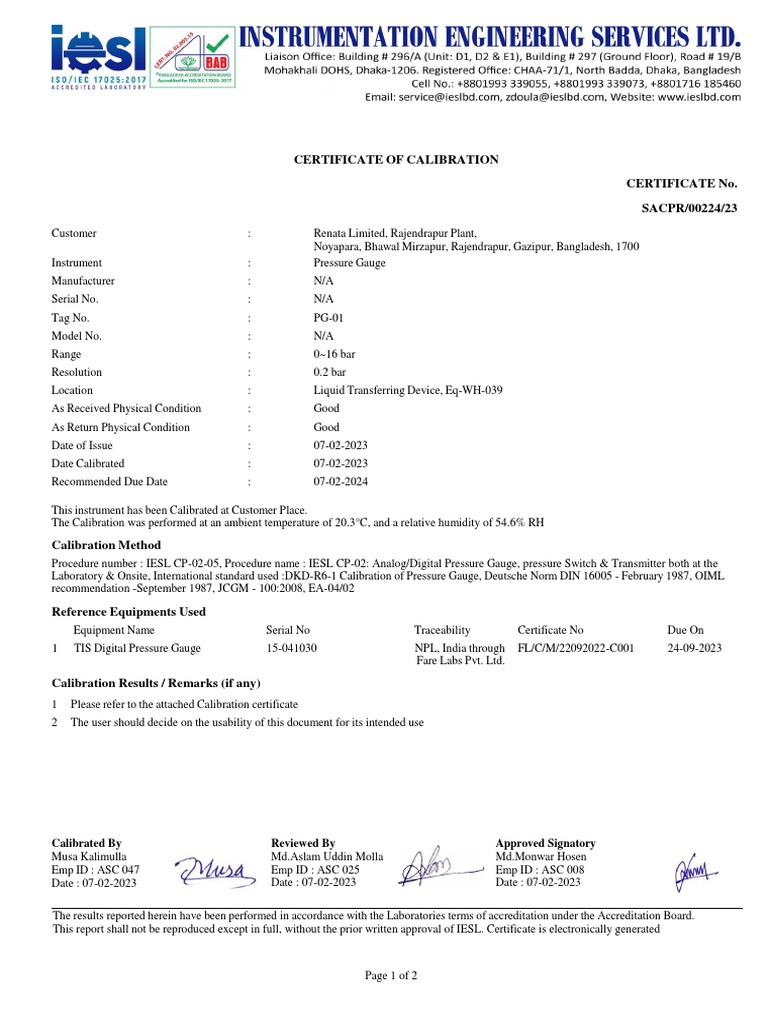Certificate of Calibration Certificate No. SACPR/00224/23: Calibrated ...