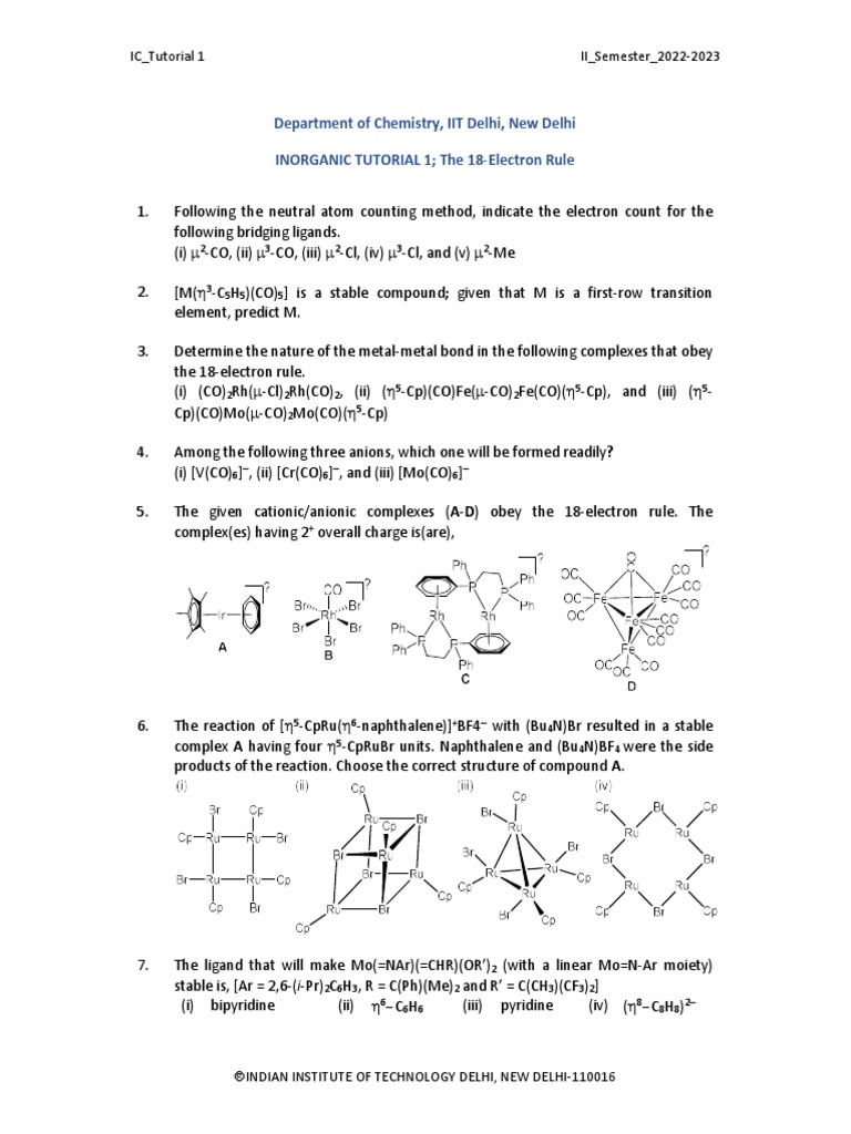 Department of Chemistry, IIT Delhi, New Delhi INORGANIC TUTORIAL 1 The ...