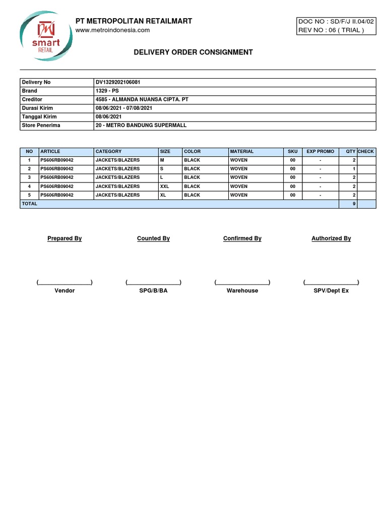 Contoh Delivery Order Consignment | PDF