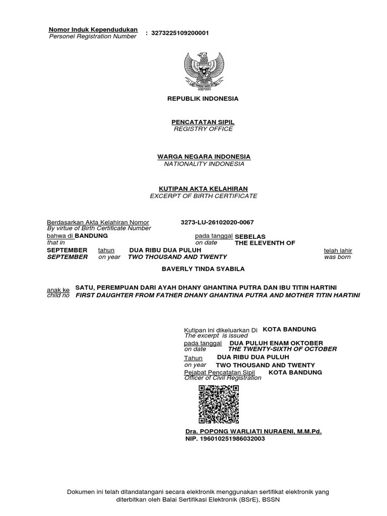 Contoh Akta Kelahiran Online | PDF