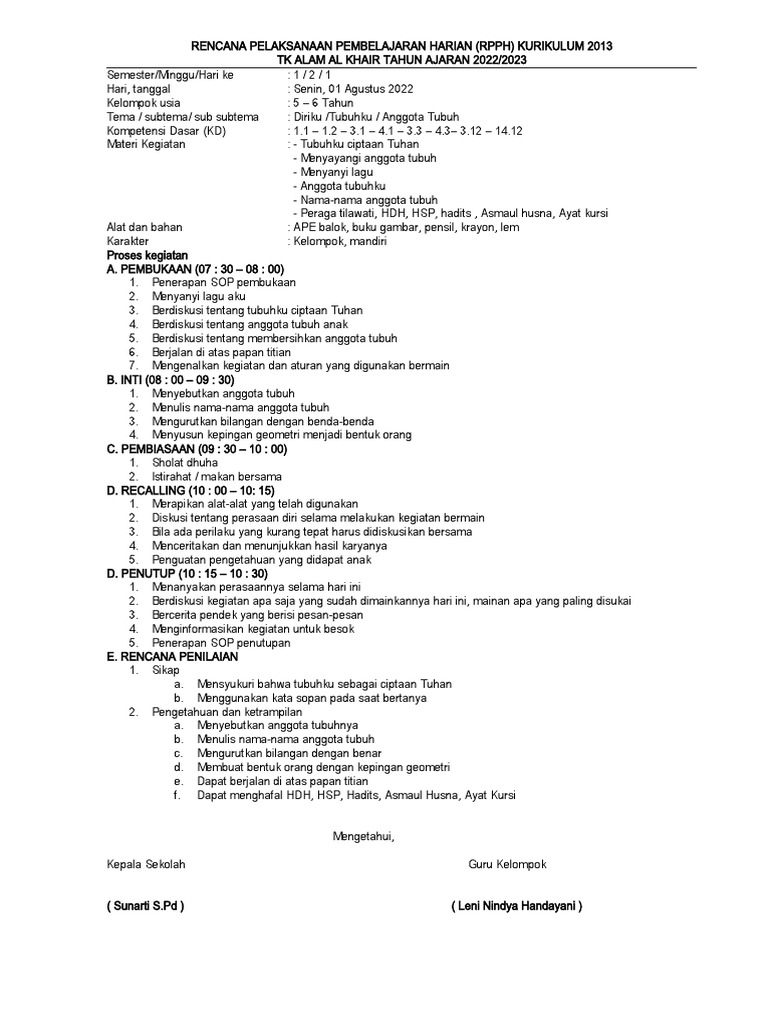 RPPH TK Minggu - 02 - Tubuhku | PDF