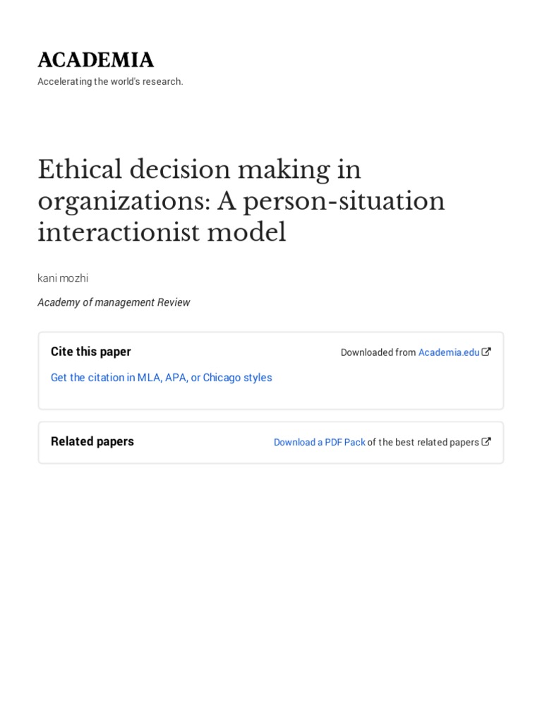 1986 - Ethical Decision Making in Organizations - A Person-Situation Interactionist Model | PDF