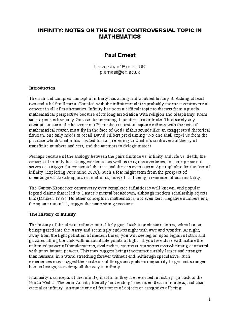 Paul Ernest Infinity Notes On The Most Controversial Topic in Maths ...